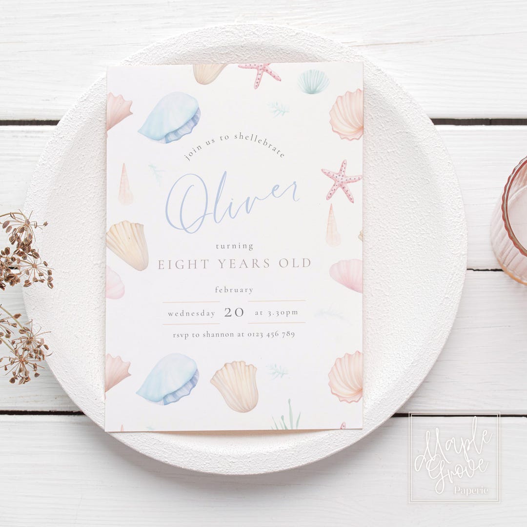 Coastal Shells Editable Birthday Invitation Template, Seashell Ocean ...