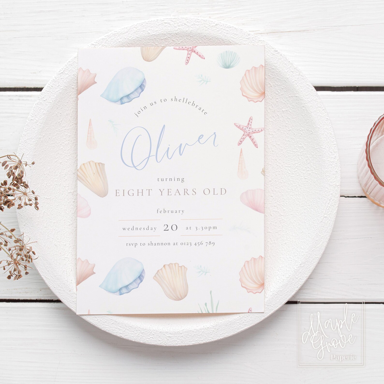 Coastal Shells Editable Birthday Invitation Template, Seashell Ocean ...