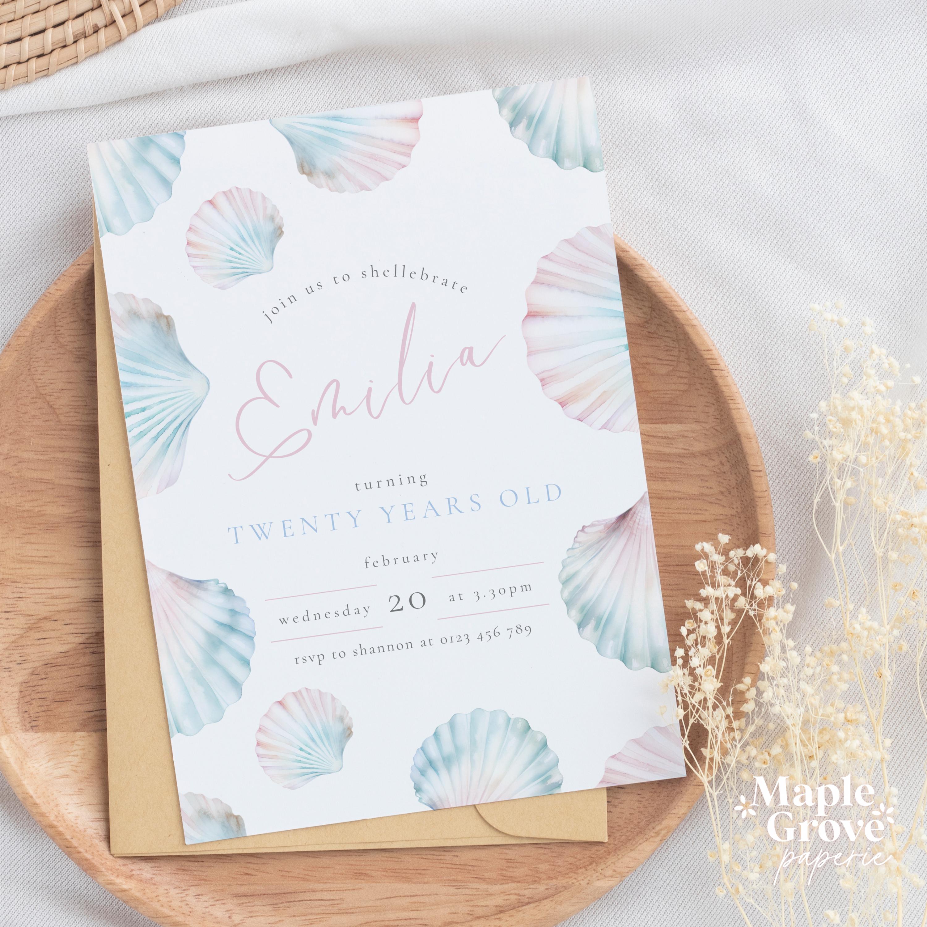 Coastal Shells Editable Birthday Invitation Template, Seashell Ocean ...
