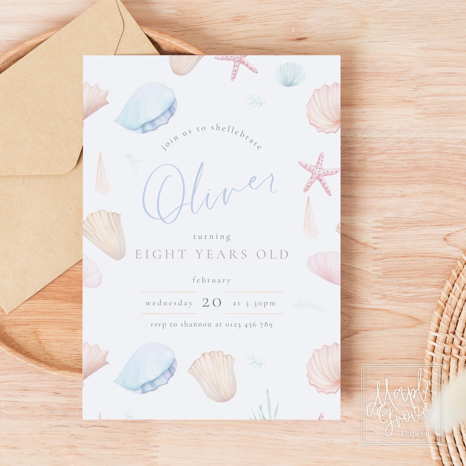 Coastal Shells Editable Birthday Invitation Template, Seashell Ocean ...