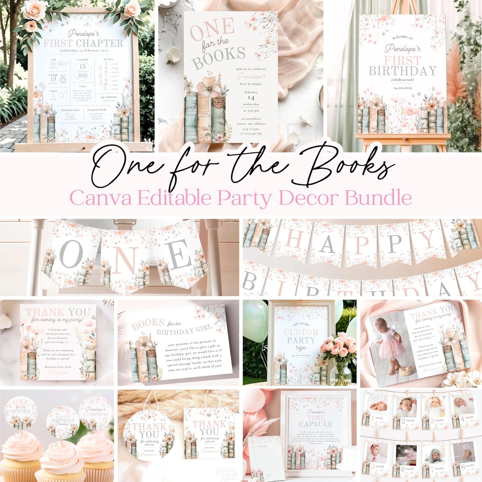 One for the Books! EDITABLE Printable First Birthday Party Bundle, Pink ...