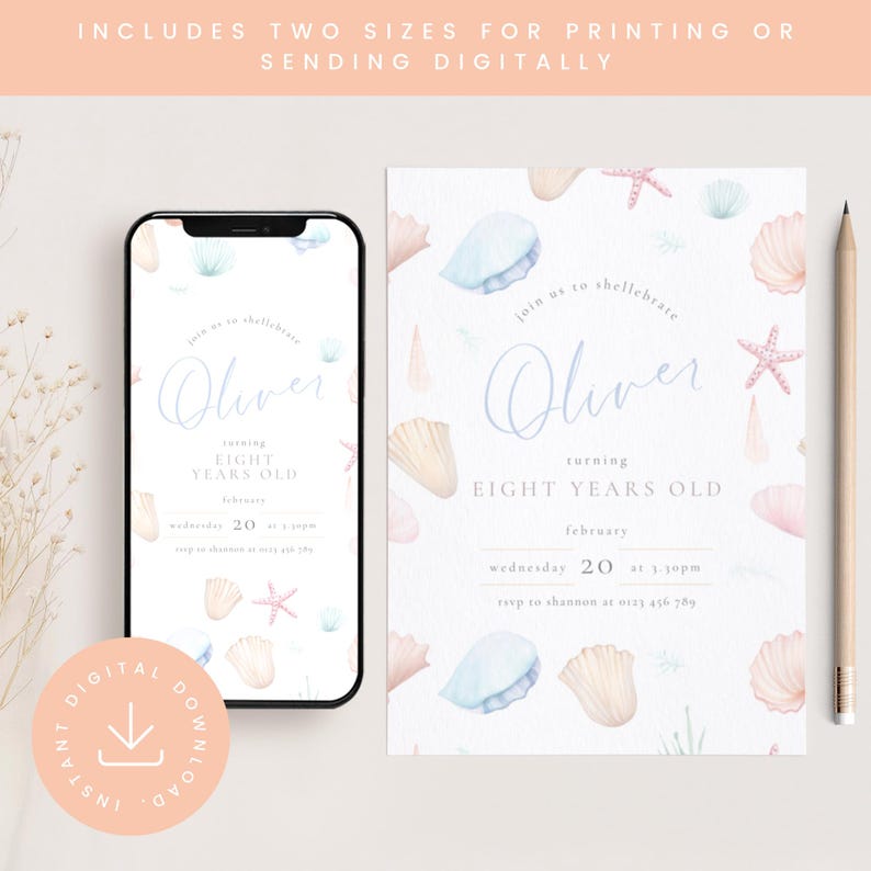 Coastal Shells Editable Birthday Invitation Template, Seashell Ocean ...