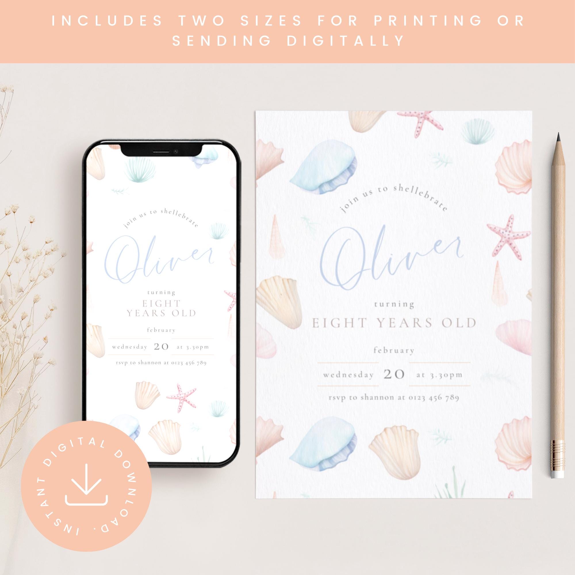Coastal Shells Editable Birthday Invitation Template, Seashell Ocean ...