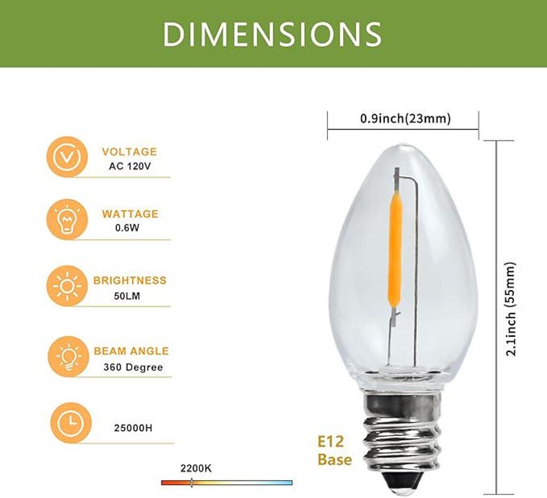 50 Pack C7 LED Night Light Bulbs, E12 Candelabra Base Shatterproof Plastic Lights, 0.6W ...