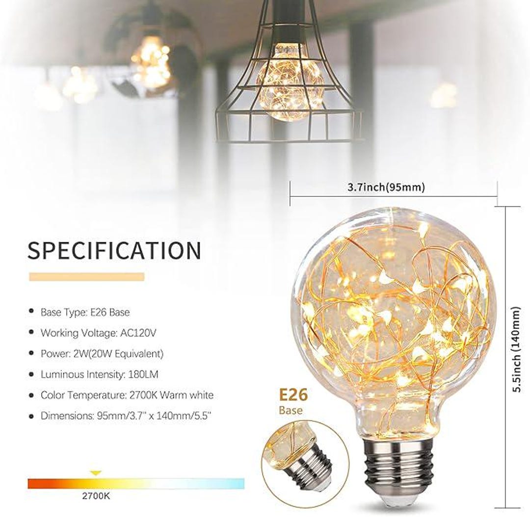 2 Pack G95 LED Fairy Light Bulb E26 Warm White Edison, Flash Starry ...