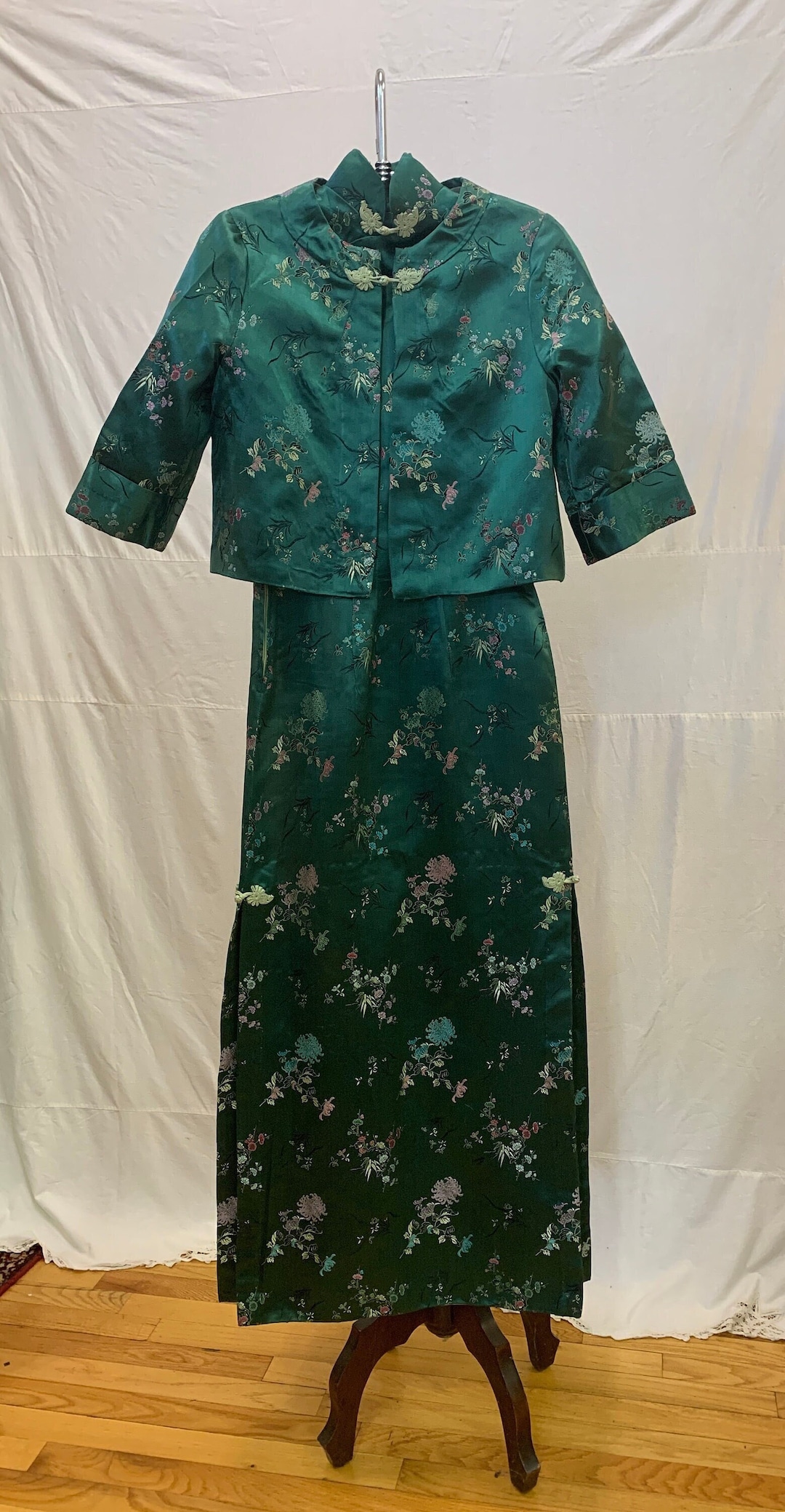 1960s, 34" Bust , Jacket and Long Dress of Chinese Green Satin Brocade ...