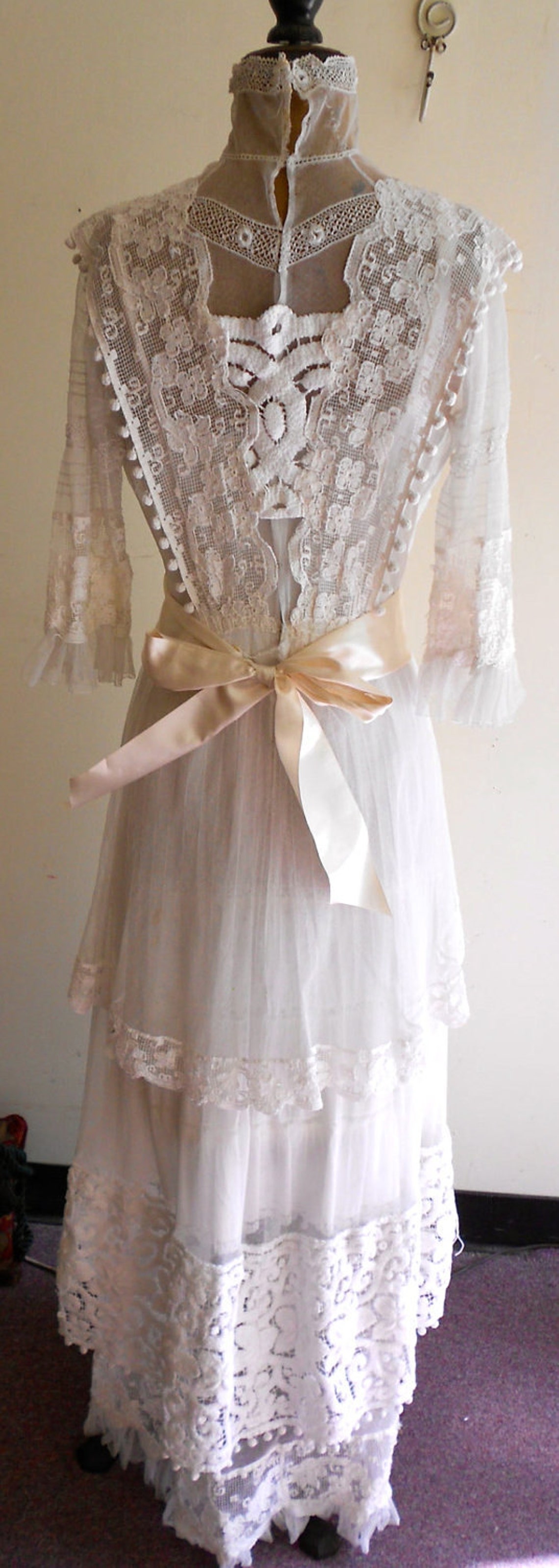 1912-14, 34" Bust, White Cotton Net, "tea Gown" With Thick Hand Made ...