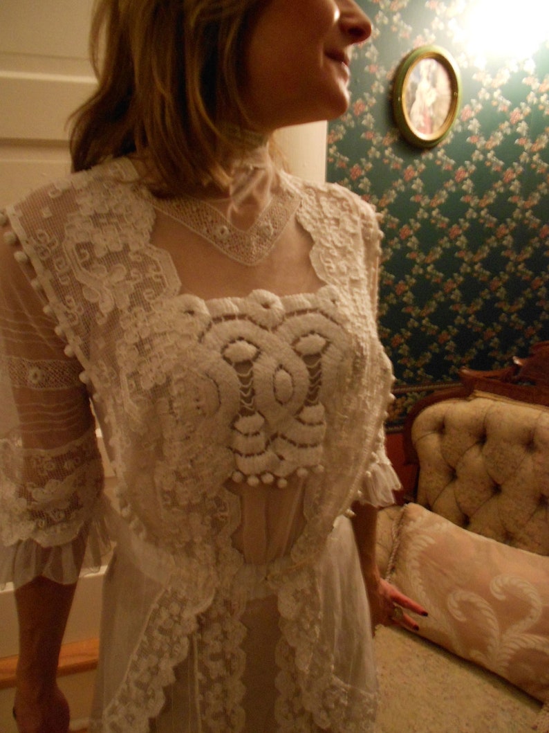 1912-14, 34" Bust, White Cotton Net, "tea Gown" With Thick Hand Made ...