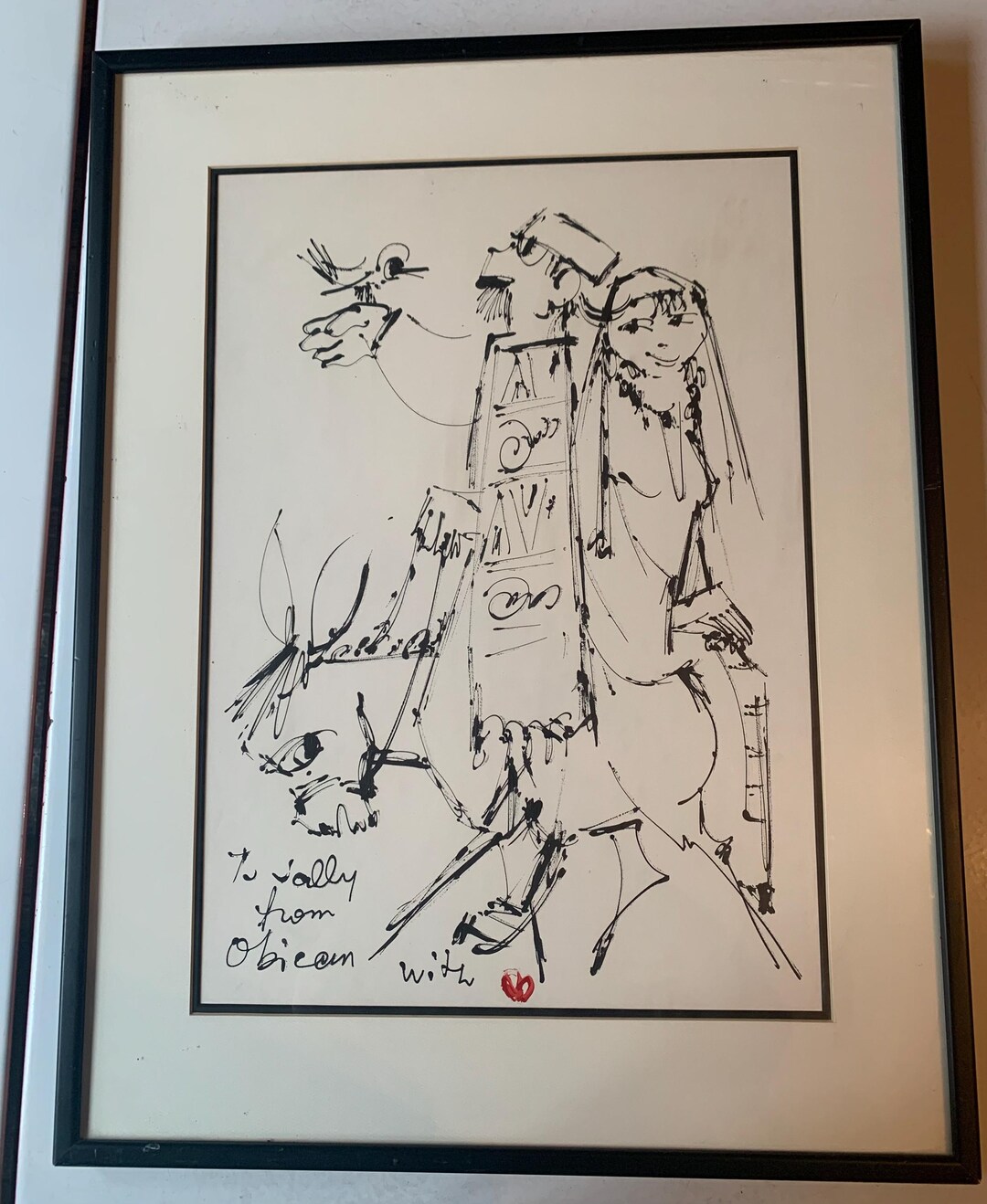 Signed (personalized) Pen & Ink Drawing Man, Woman, and Bird by Jovan ...