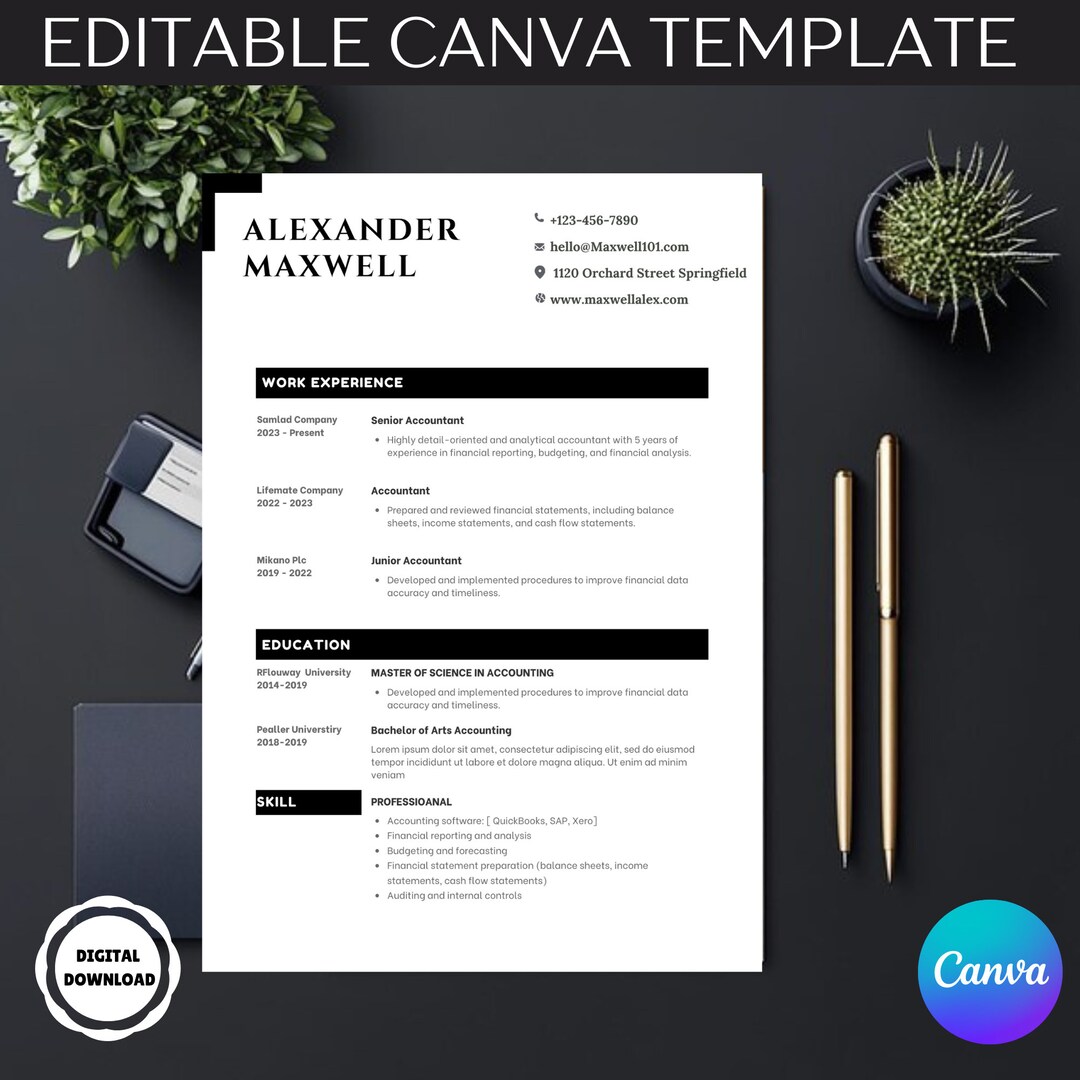 Black White Minimalist CV Resume Canva Edit Template, Stylish A4 ...