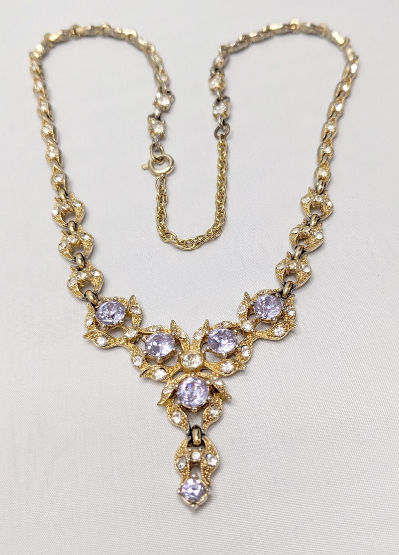 Bogoff 1950s Rare Gold Tone Lavender and Clear Rhinestones Necklace ...
