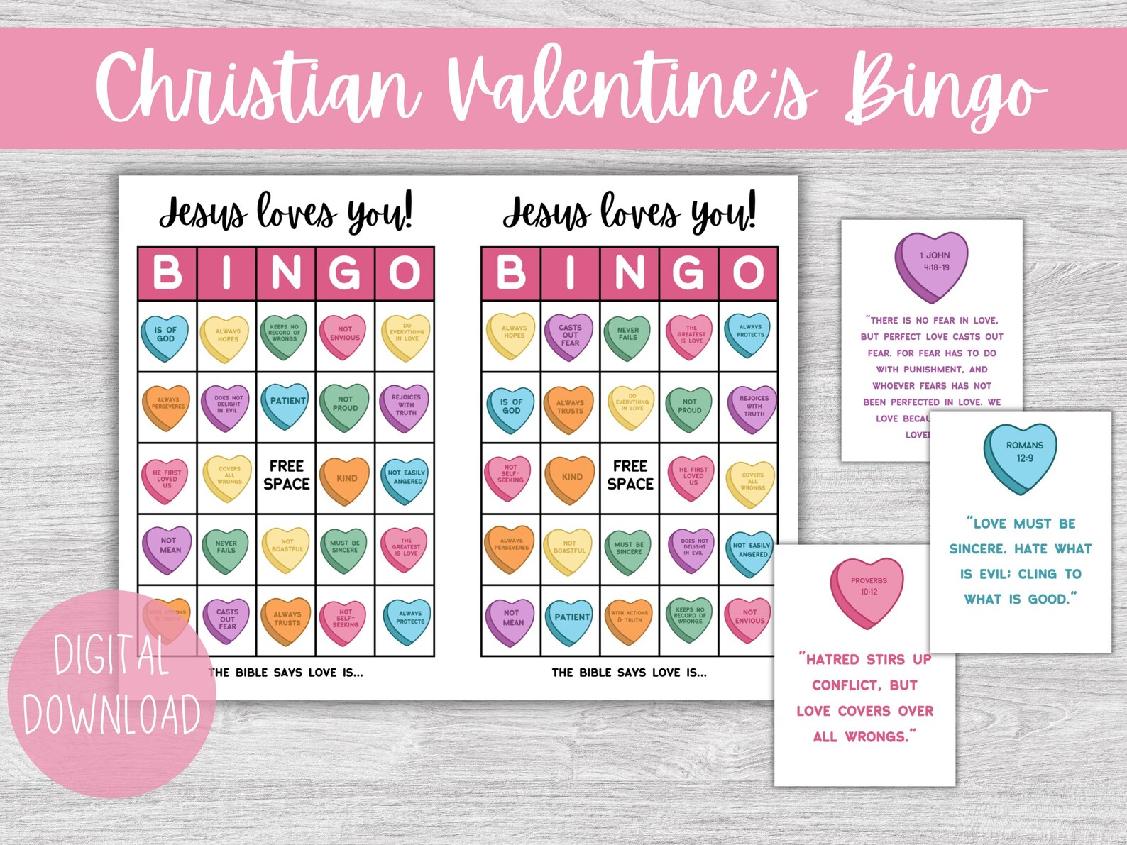 Christian Valentine's Bingo, Candy Hearts Bingo Game, Bible Verse ...