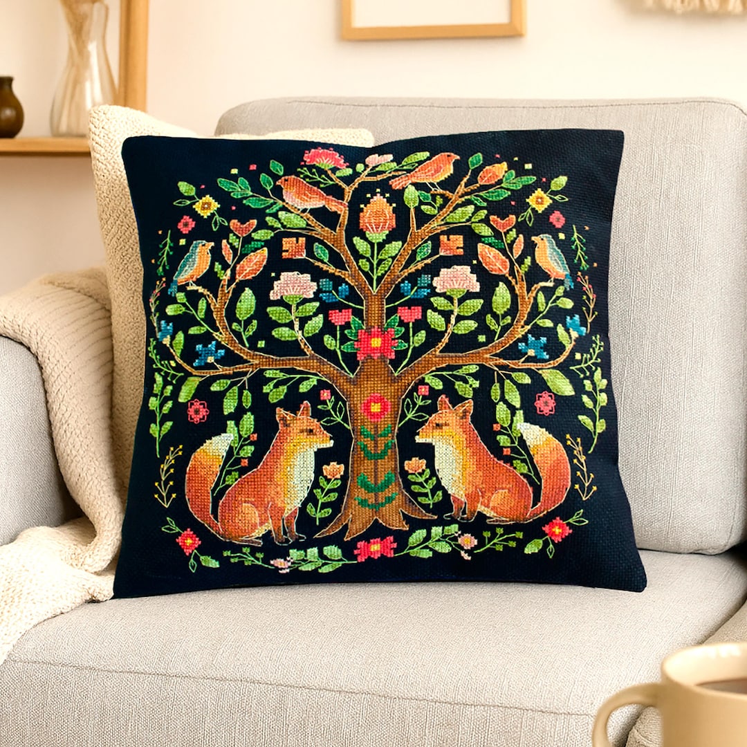 Cross Stitch Pillow Kit the Tree of Forest Tales, Birds Embroidery ...