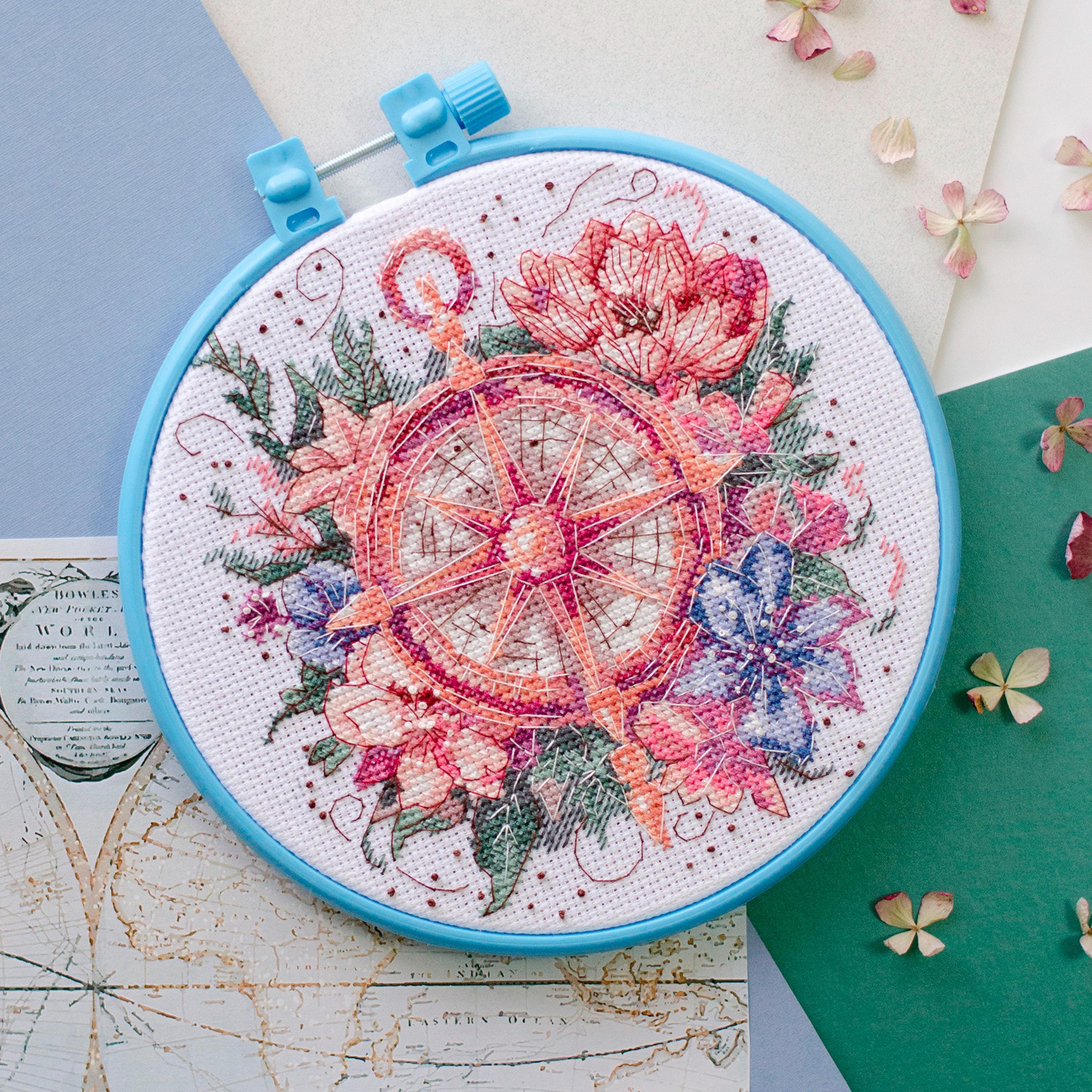 Cross Stitch Kit Floral Compass, Compass Embroidery, Colorful Flowers ...