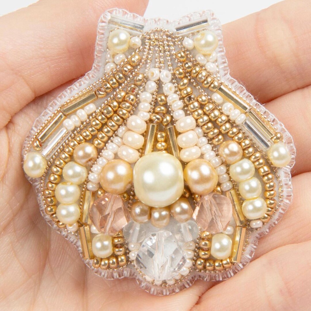 Bead Embroidery Kit Seashell Brooch, Beaded Golden Seashell, Seashell ...