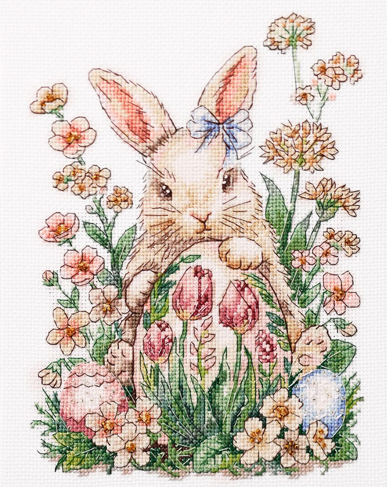 Cross Stitch Kit Easter Bunny Waiting, Spring Flowers Embroidery, DIY ...