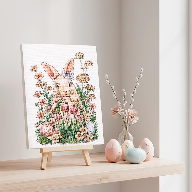 Cross Stitch Kit Easter Bunny Waiting, Spring Flowers Embroidery, DIY ...