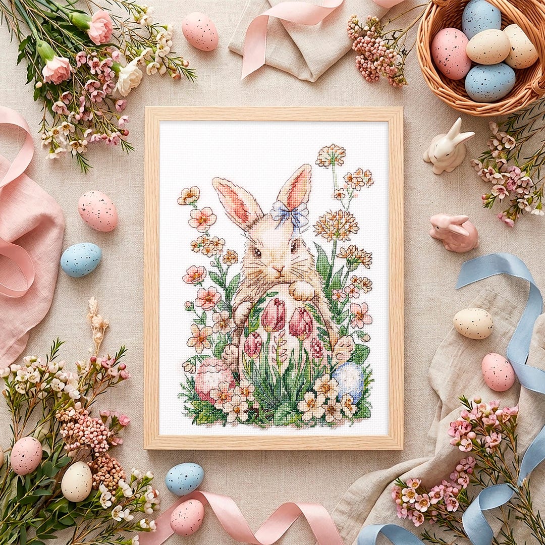 Cross Stitch Kit Easter Bunny Waiting, Spring Flowers Embroidery, DIY ...