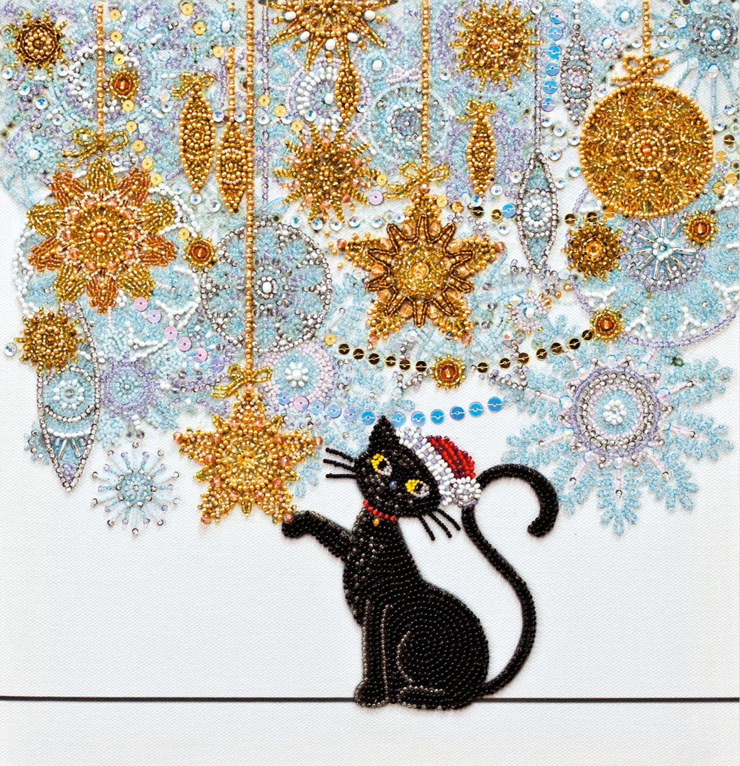 Bead Embroidery Kit Christmas Cat, Cat Embroidery, DIY Beaded Black Cat ...