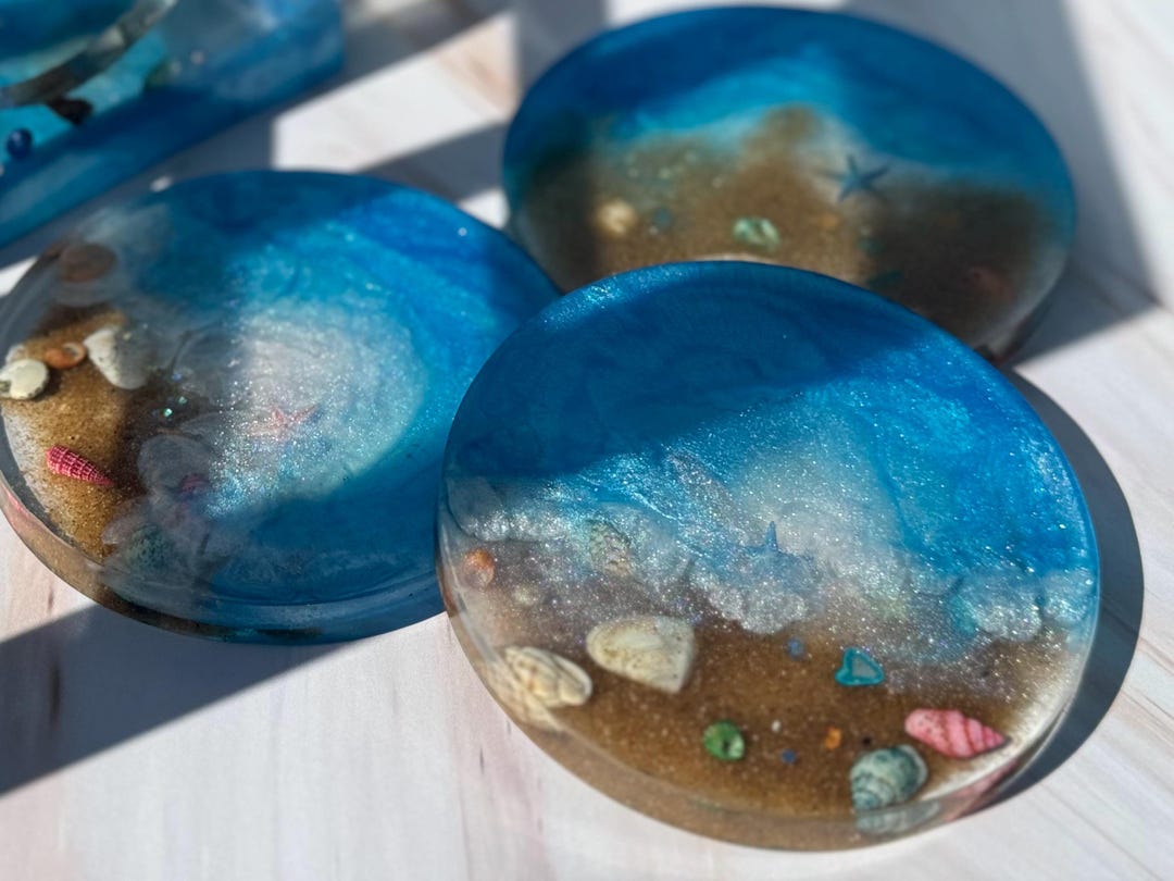 Ocean-themed Resin Coasters Set of 4 With Stand – Handmade With ...
