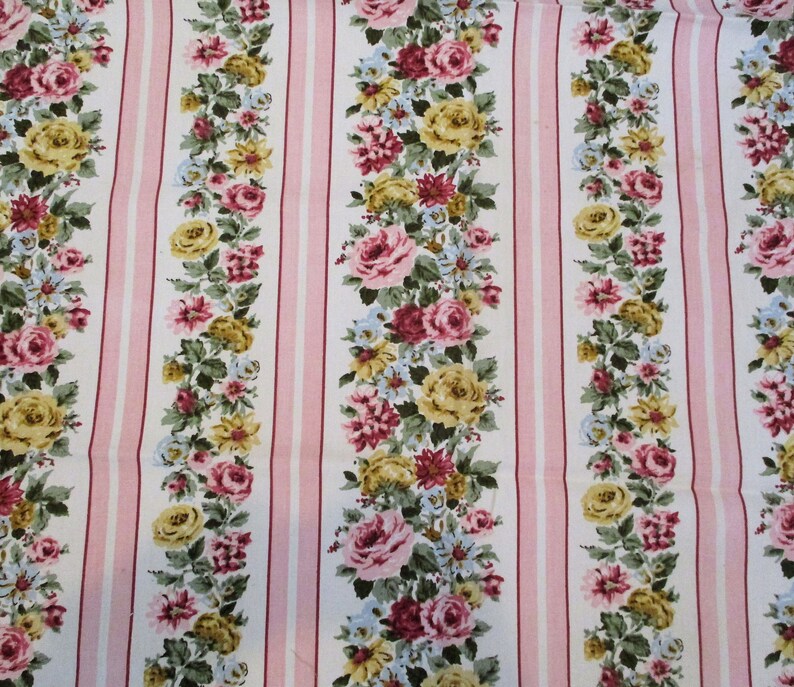 Vintage Cotton Fabric Roses Stripes 55 X 46 Shabby | Etsy
