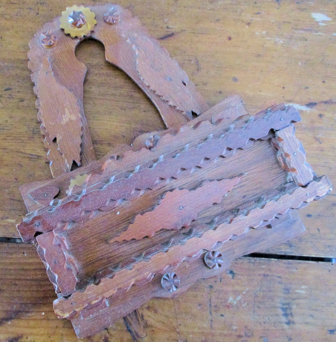 Antique Tramp Art Wall Pocket Folk Art Hearts C.1900 Authentic ...