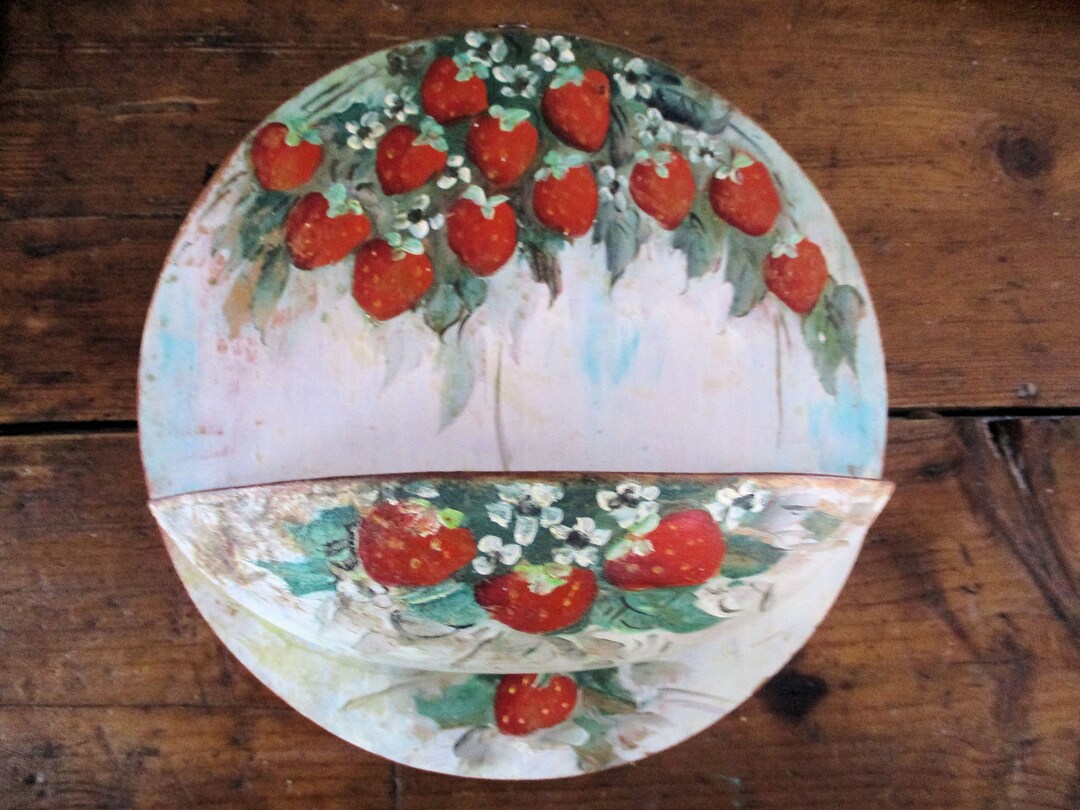 Vintage Folk Art Strawberries Oil Painting Wood Wall Pocket Americana ...