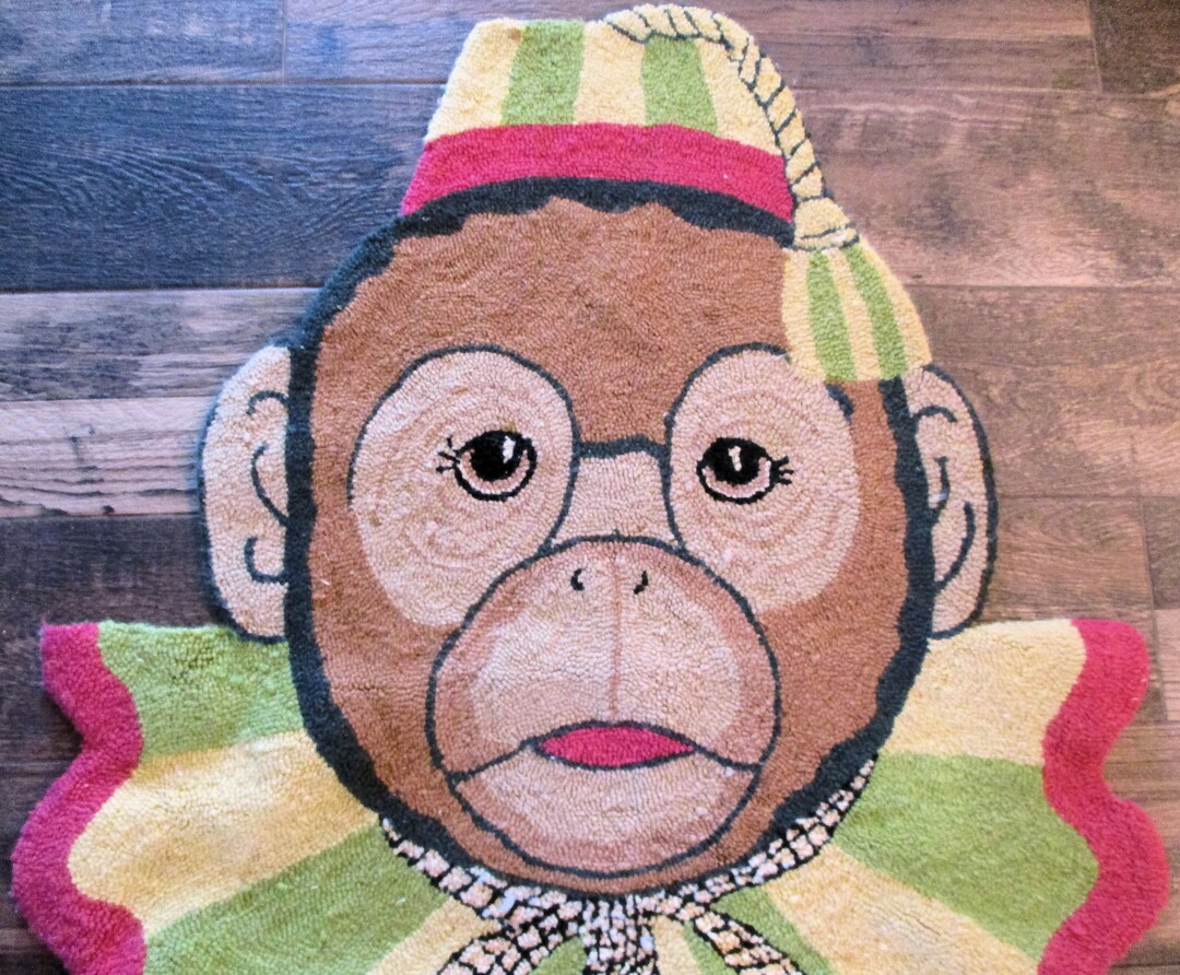 Antique Rug Monkey Folk Art Circus Hooked Smoking Hat 36 X 24 1/2 ...