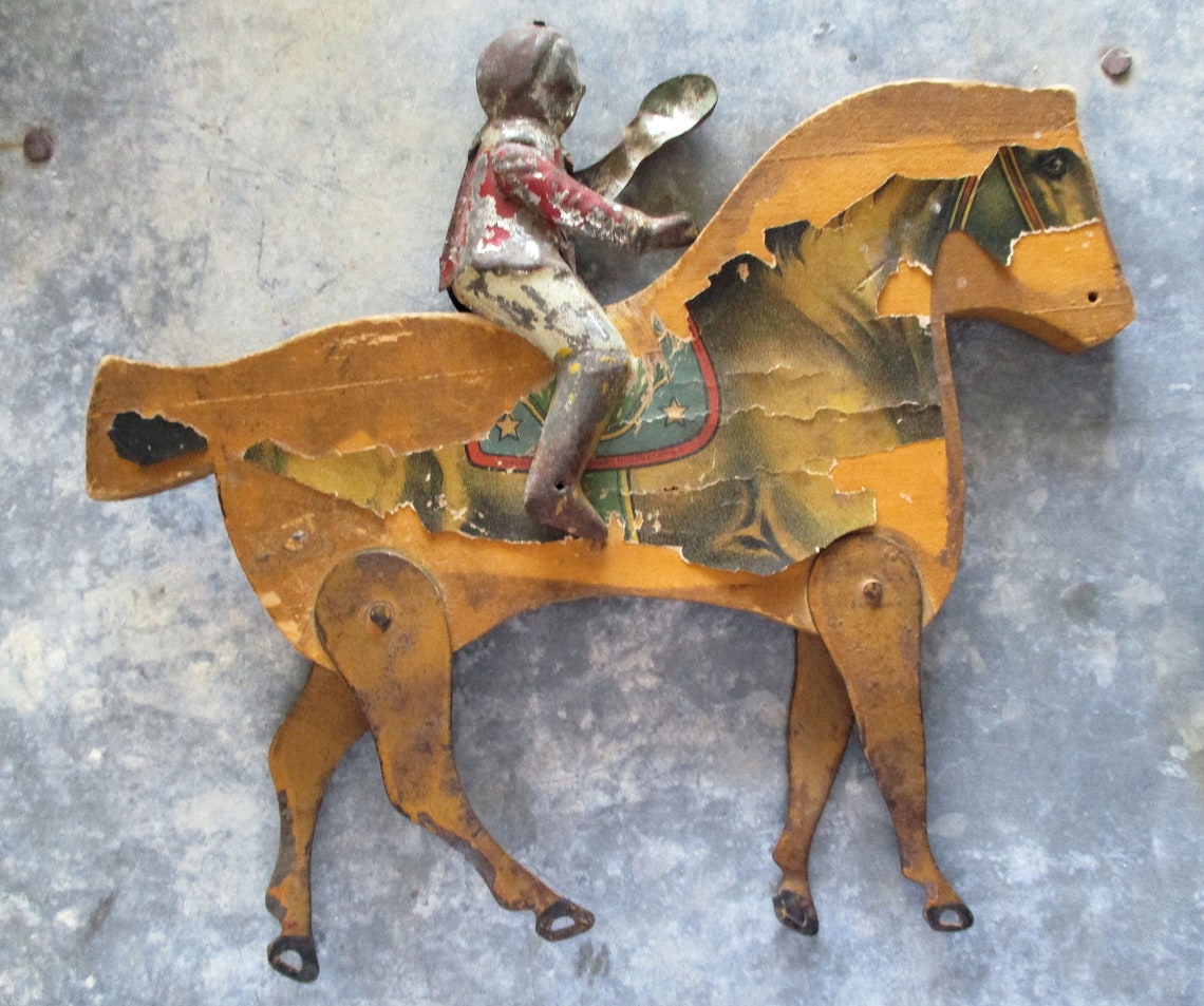 Antique Horse Toy Folk Art Victorian Tin Rider Lithograph - Etsy