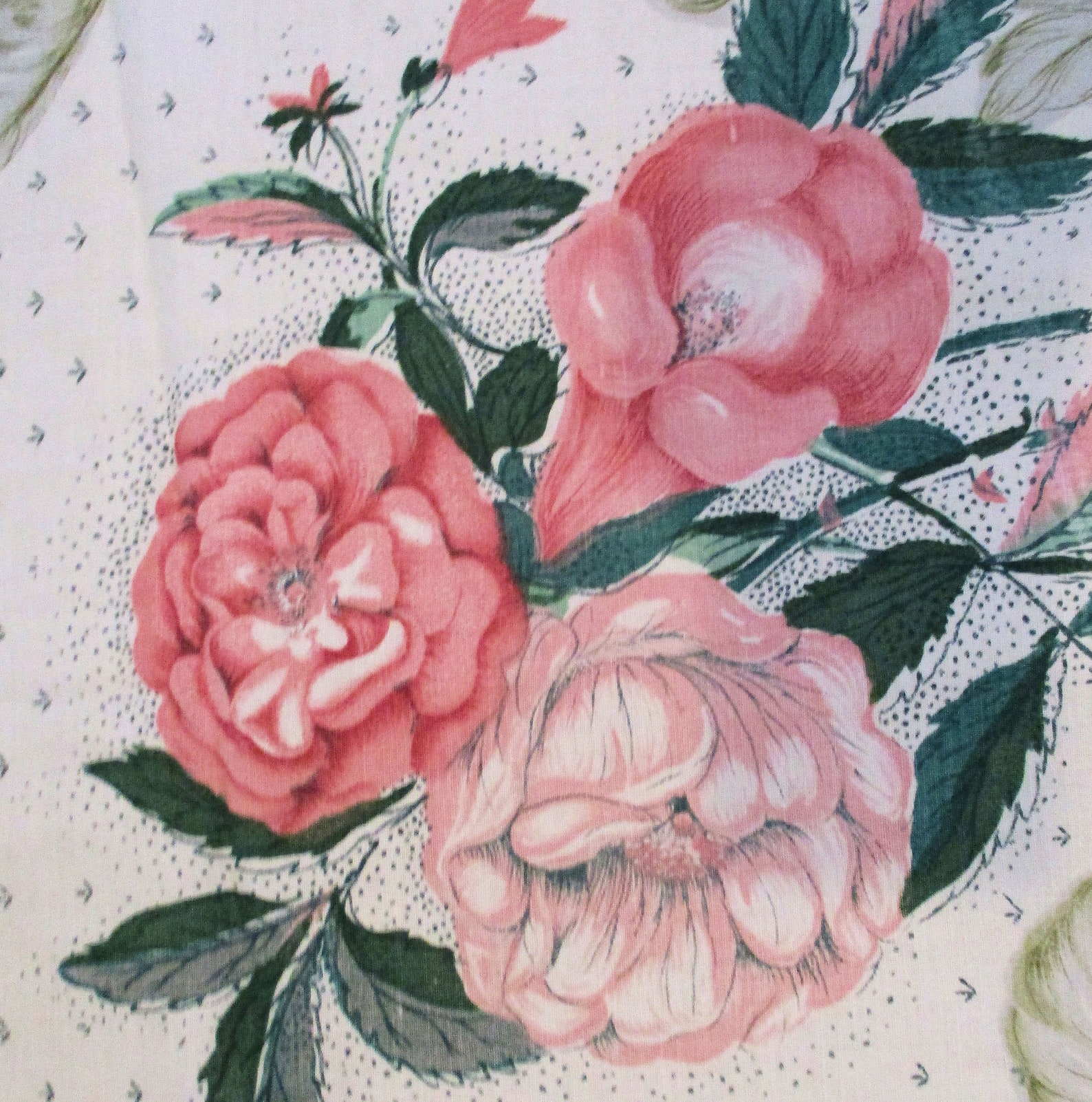Vintage Cotton Fabric English Roses Tulips Feathers 86 1/2" X 30 1/4 ...
