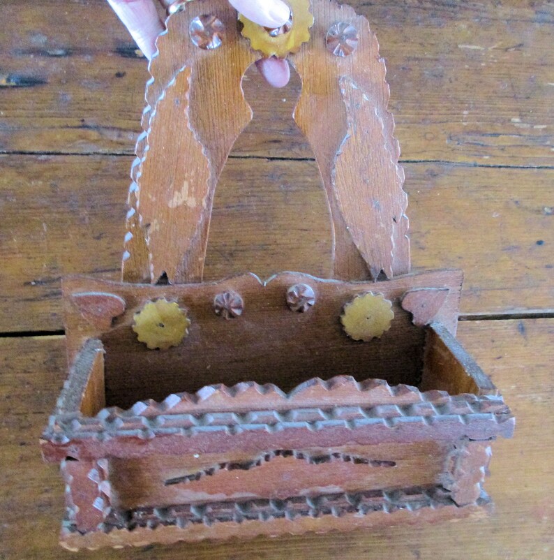 Antique Tramp Art Wall Pocket Folk Art Hearts C.1900 Authentic ...