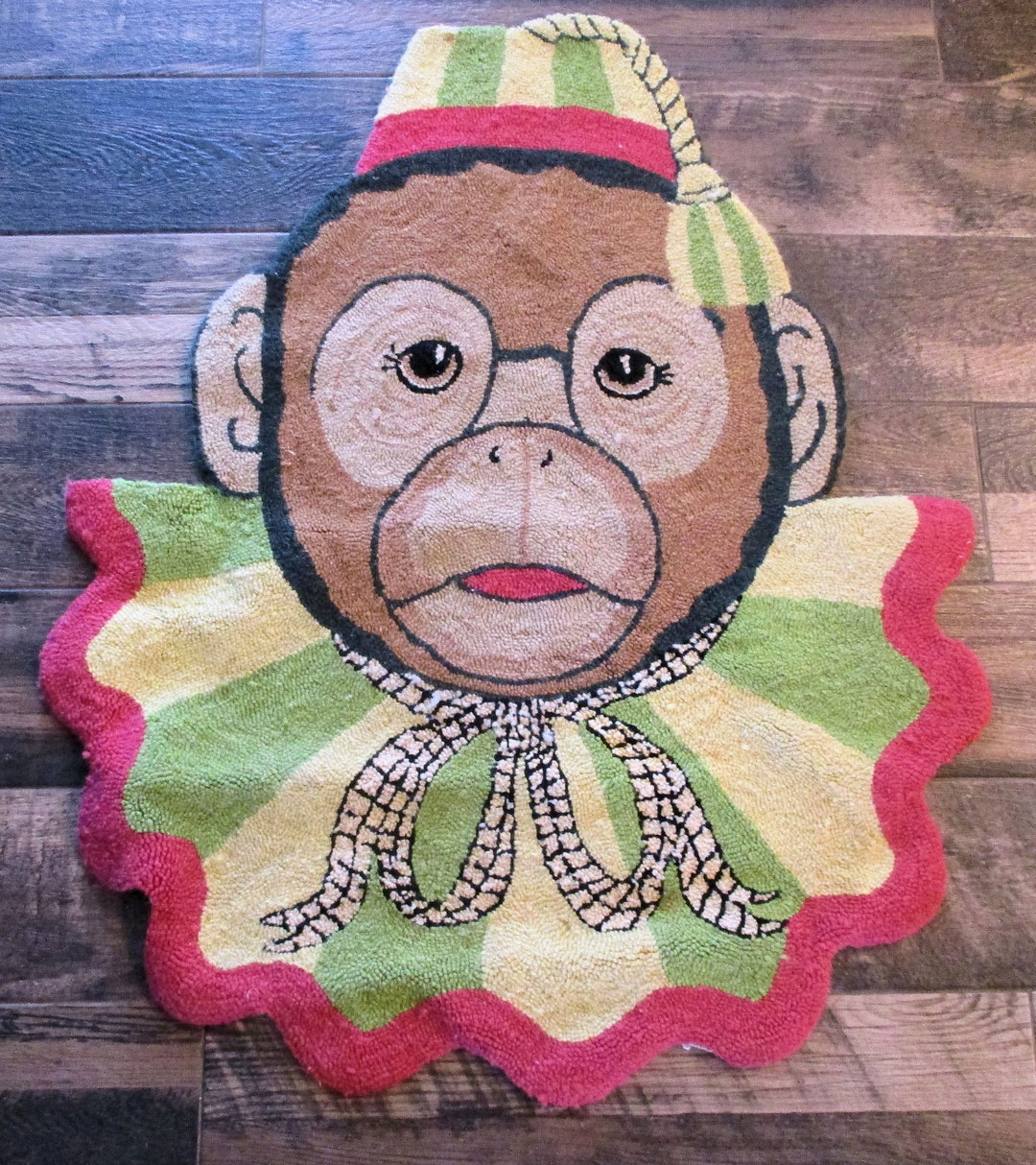 Antique Monkey Rug Folk Art Circus Hooked With Smoking Hat Rare and ...