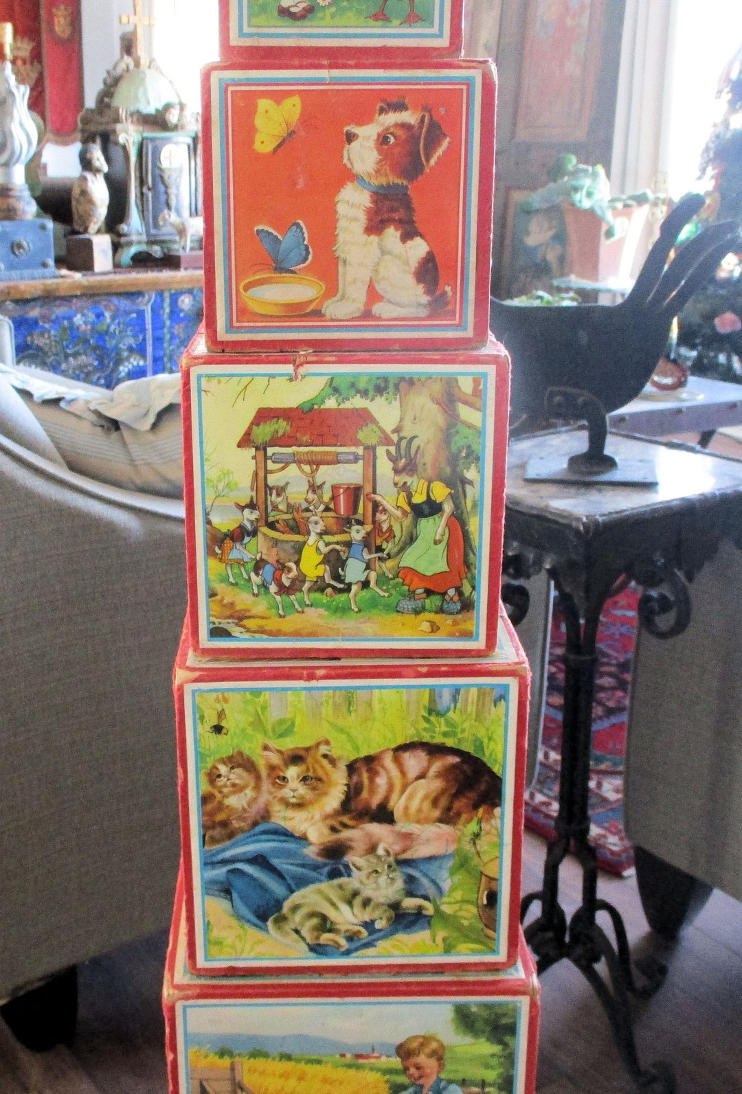 Antique Dog Toy Lithograph Wood Blocks Folk Art HUGE 1920's-30's RARE ...