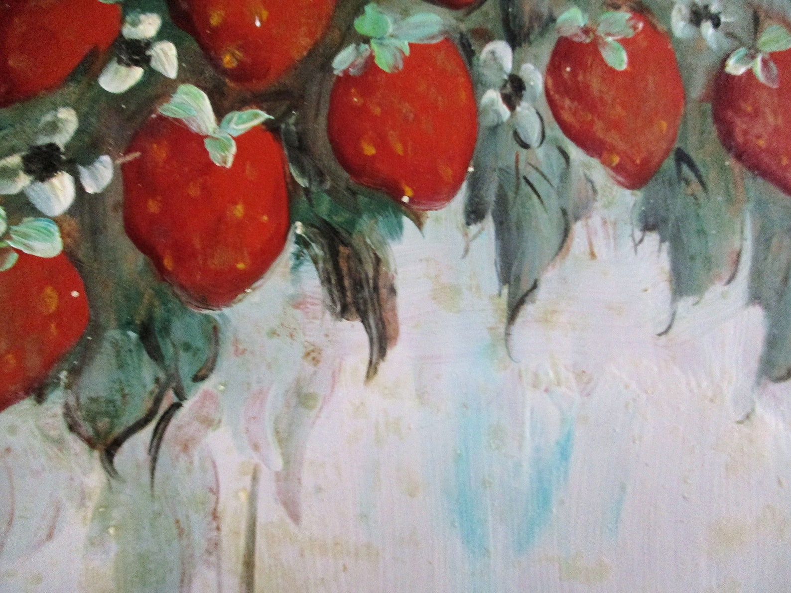 Vintage Folk Art Strawberries Oil Painting Wood Wall Pocket Americana ...