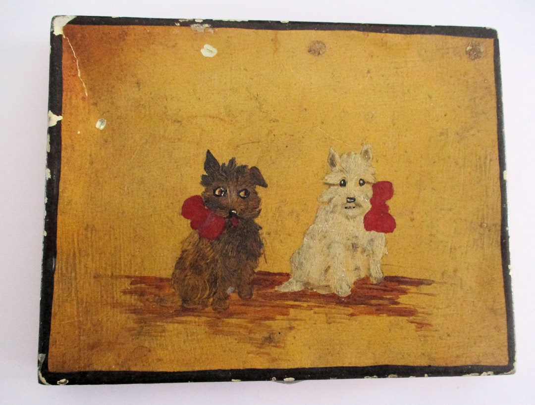 Antique Folk Art Dogs Painting Cigarette Tin Box 1930's-40's Terriers ...