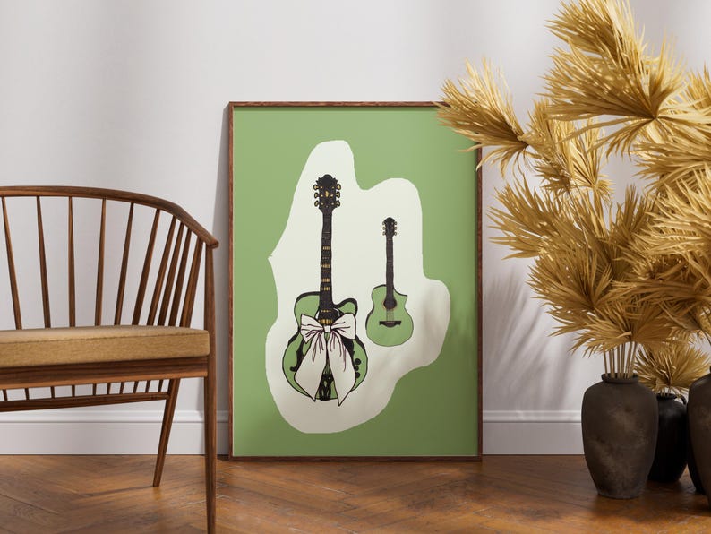 Retro Poster With Sage Green Guitar Decor Bow Music Wall Print Retro ...