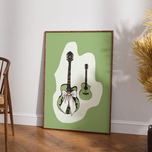 Retro Poster With Sage Green Guitar Decor Bow Music Wall Print Retro ...