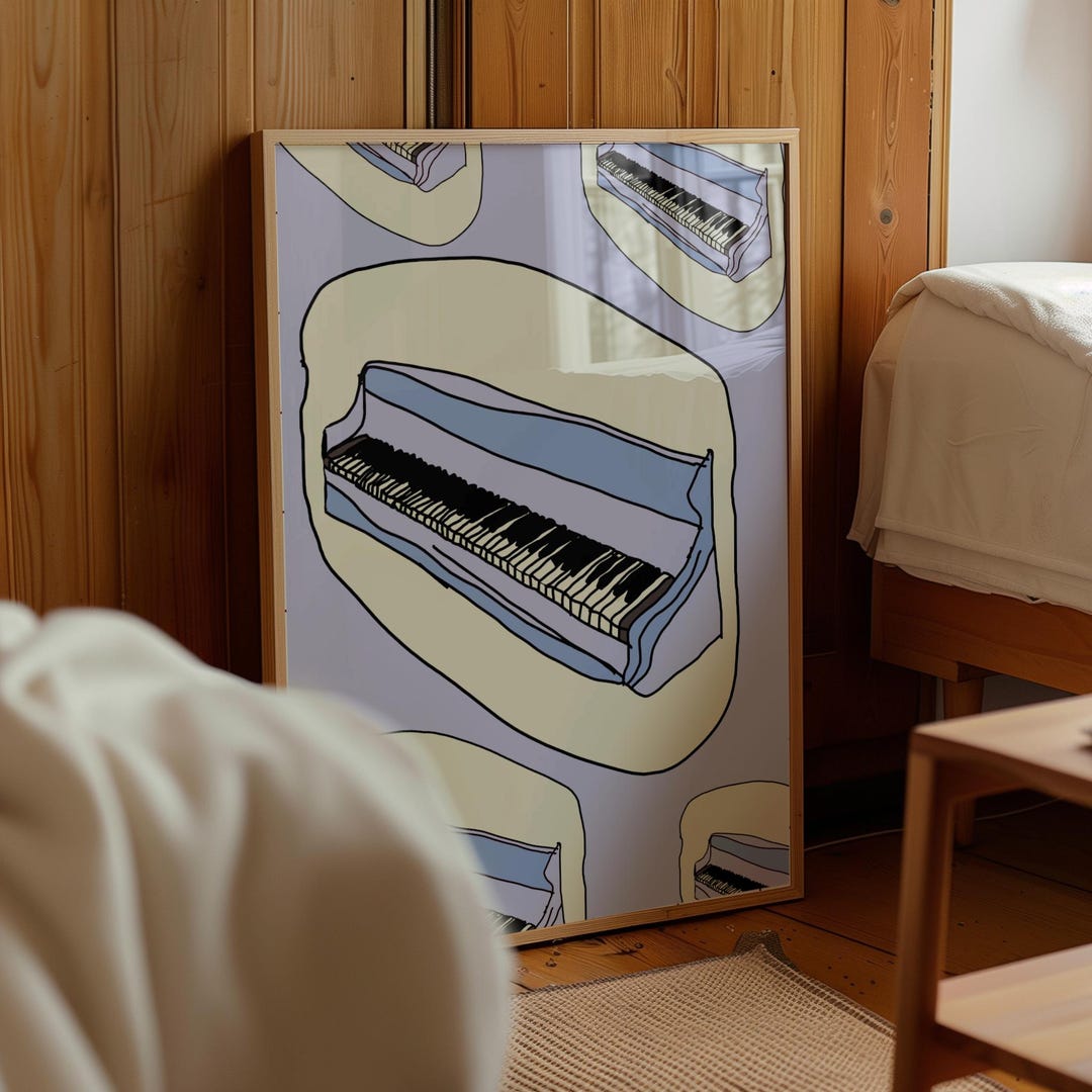 Retro Music Print, Blue Beige Piano Print, Blue Retro Prints, Retro ...