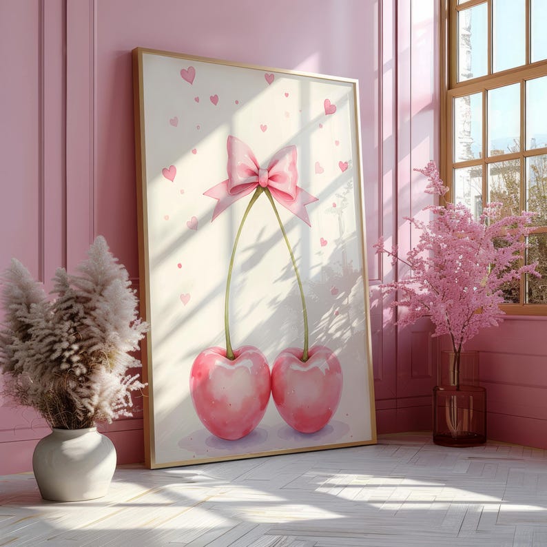 Set of 3 Prints Trendy Pink Bows Cherries Prints Wall Art Nursery Gifts ...