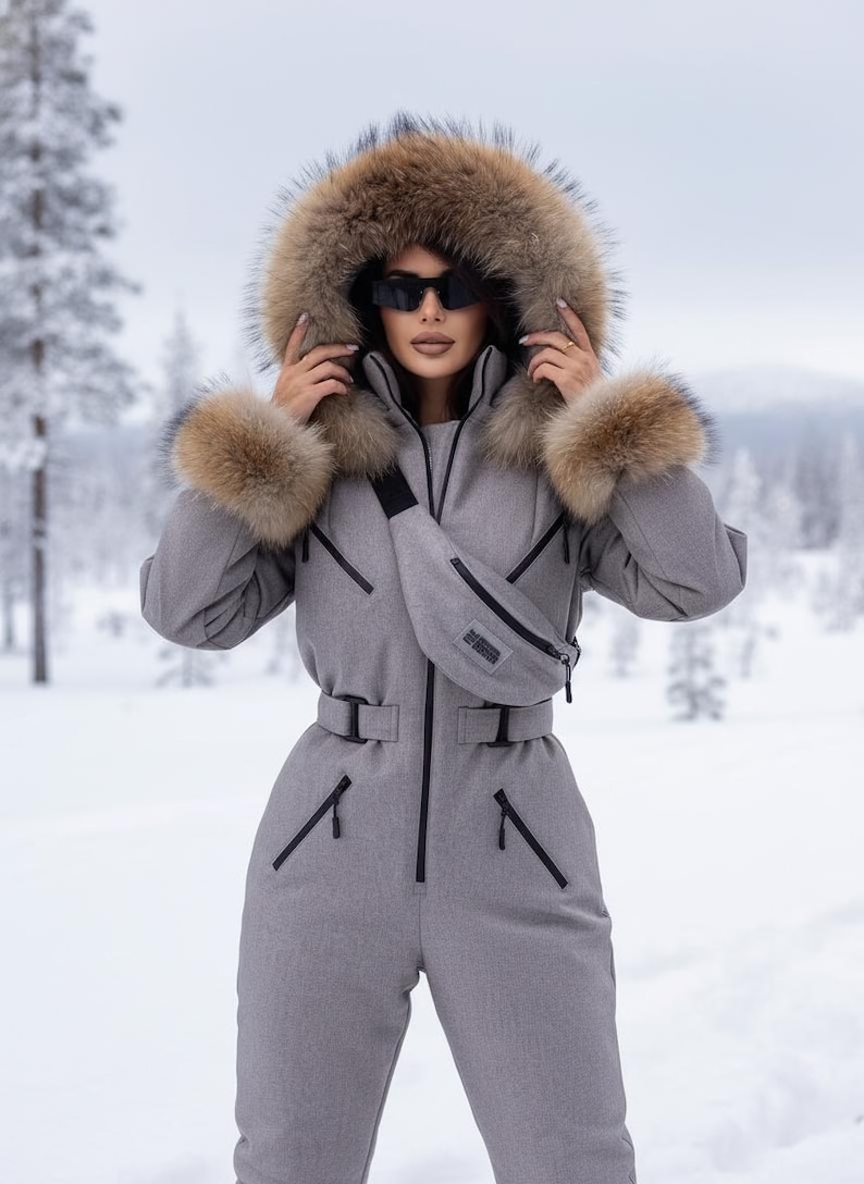 Women’s Ski Jumpsuit With Faux Raccoon Fur | Warm Luxury Winter Snow ...
