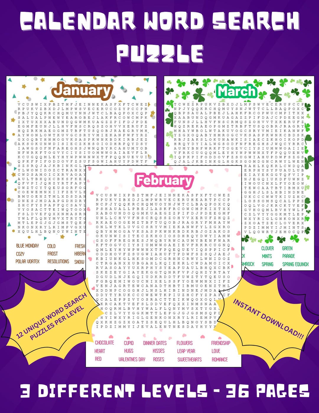 Holiday Season Word Search Calendar Printable Monthly Puzzle PDF for ...