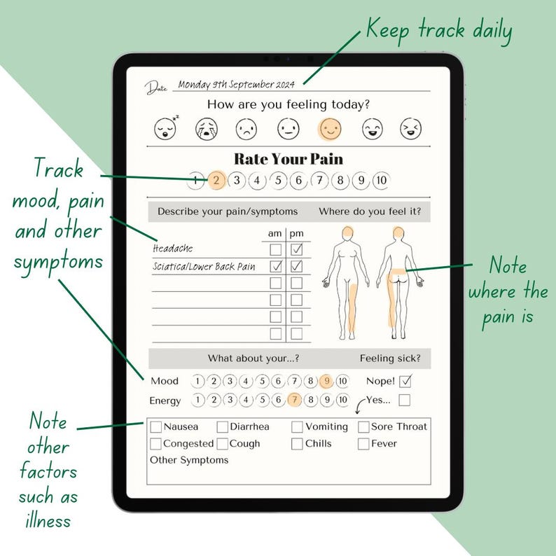 Daily Pain Dairy and Symptom Tracker - Etsy