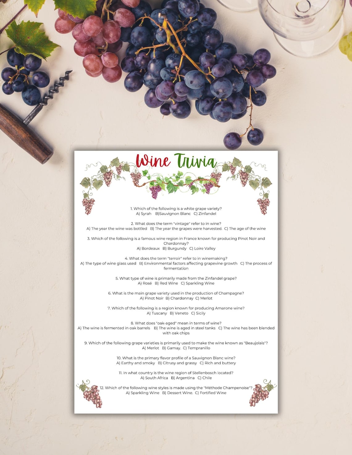 Wine Trivia Game, Printable Wines, Wine Tasting Partyoffice Party Fun, Wine Quiz Game, Wine ...