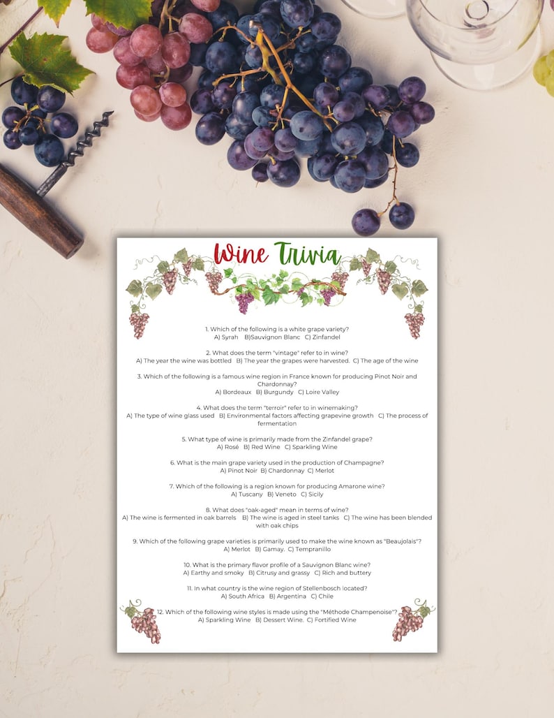 Wine Trivia Game, Printable Wines, Wine Tasting Partyoffice Party Fun ...