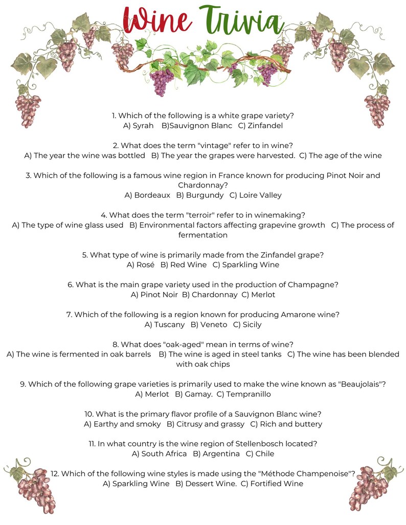Wine Trivia Game, Printable Wines, Wine Tasting Partyoffice Party Fun ...