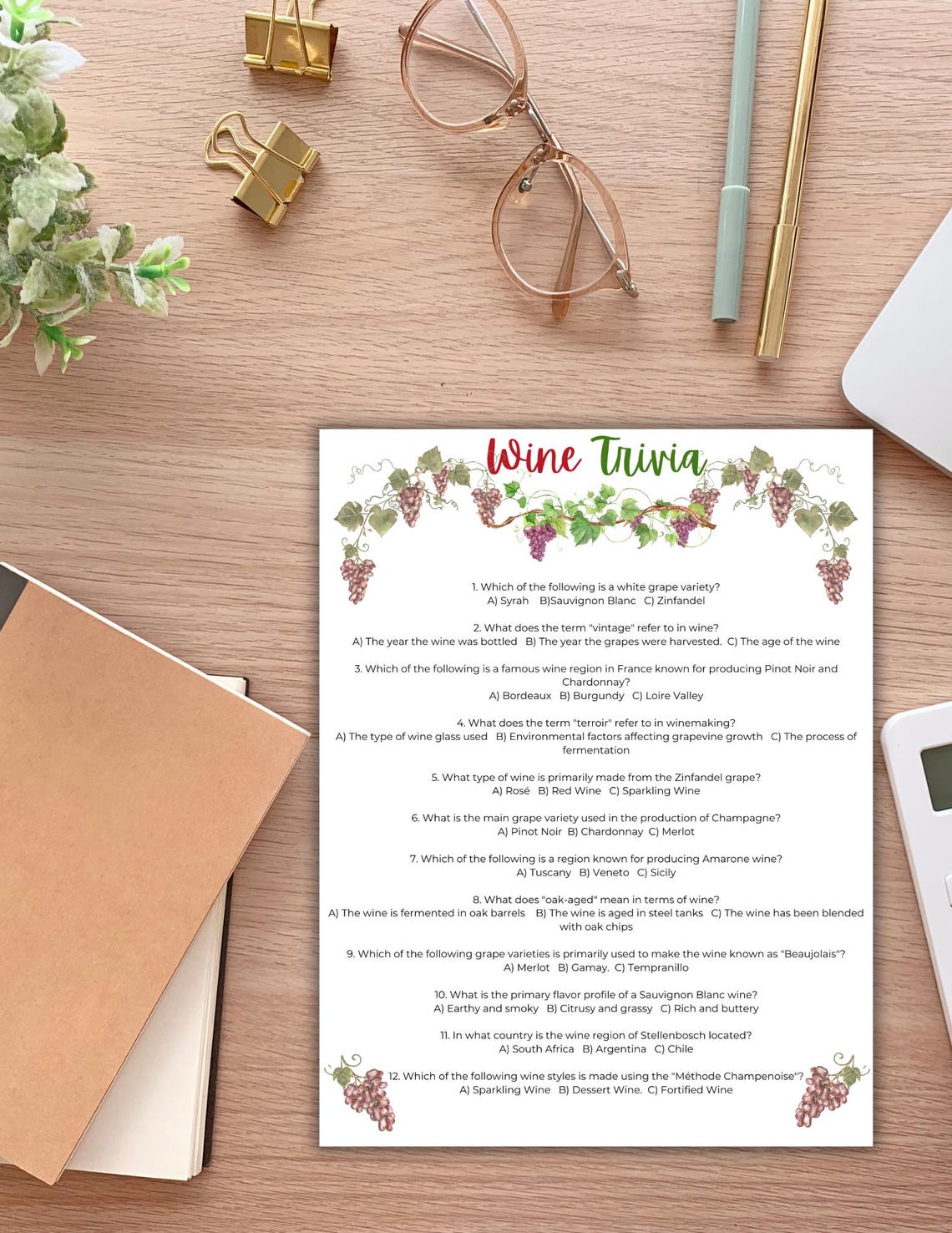 Wine Trivia Game, Printable Wines, Wine Tasting Partyoffice Party Fun ...