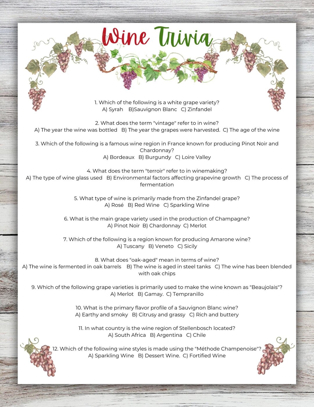 Wine Trivia Game, Printable Wines, Wine Tasting Partyoffice Party Fun ...