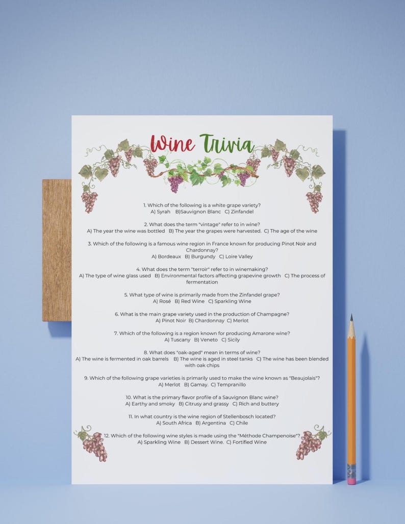 Wine Trivia Game, Printable Wines, Wine Tasting Partyoffice Party Fun ...