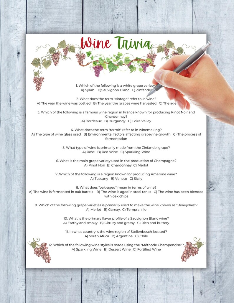 Wine Trivia Game, Printable Wines, Wine Tasting Partyoffice Party Fun ...
