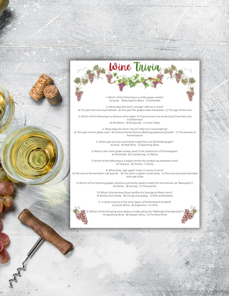 Wine Trivia Game, Printable Wines, Wine Tasting Partyoffice Party Fun ...